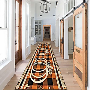 USHIRUG Thanksgiving Runner Rug, 2x10ft, Thanksgiving Buffalo Plaid Fall Non-Slip Hallway Rug, Washable Farmhouse Orange Black Kitchen Runner Rug, Non-Slip Durable Rug for Entrance Kitchen Decorative