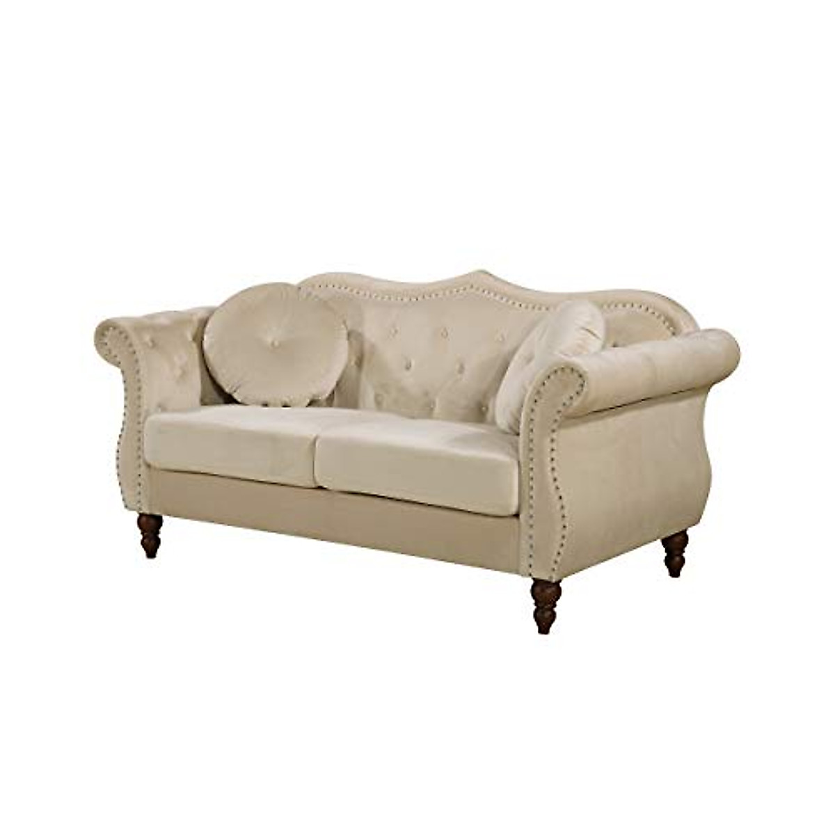 US Pride Furniture Anna Collection Modern Chesterfield Velvet Upholstered Sofa for Living Room with Elegant Rolled Arms, Solid Wood Frame & Accent Throw Pillows, Loveseat, Beige