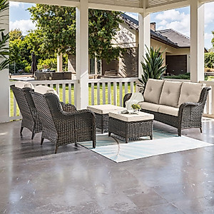 HUMMUH Outdoor Furniture 5 Pieces Patio Furniture Set Wicker Outdoor Sectional Sofa with 2 Patio Chairs,Ottomans