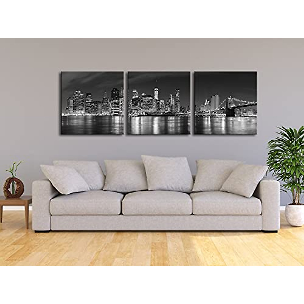 Pyradecor New York City Skyline Night Modern 3 Panel Stretched and Framed Black and White Cityscape Giclee Canvas Prints Pictures Paintings on Wall Art for Living Room Bedroom Home Decorations