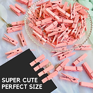 Clothes Pins Mini Clothespins Pink - 100 PCS Wooden Small Clothespins for Pictures with Jute Twine Tiny Photo Paper Clip, Ideal for Baby Shower, Crafts, Chip Clips, Home Office Decoration