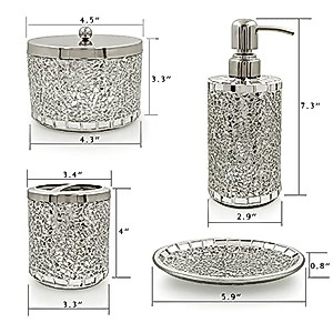 LushAccents Bathroom Accessories Set, 4-Piece Decorative Glass Bathroom Accessories Set, Soap Dispenser, Soap Tray, Jar, Toothbrush Holder, Elegant Silver Mosaic Glass