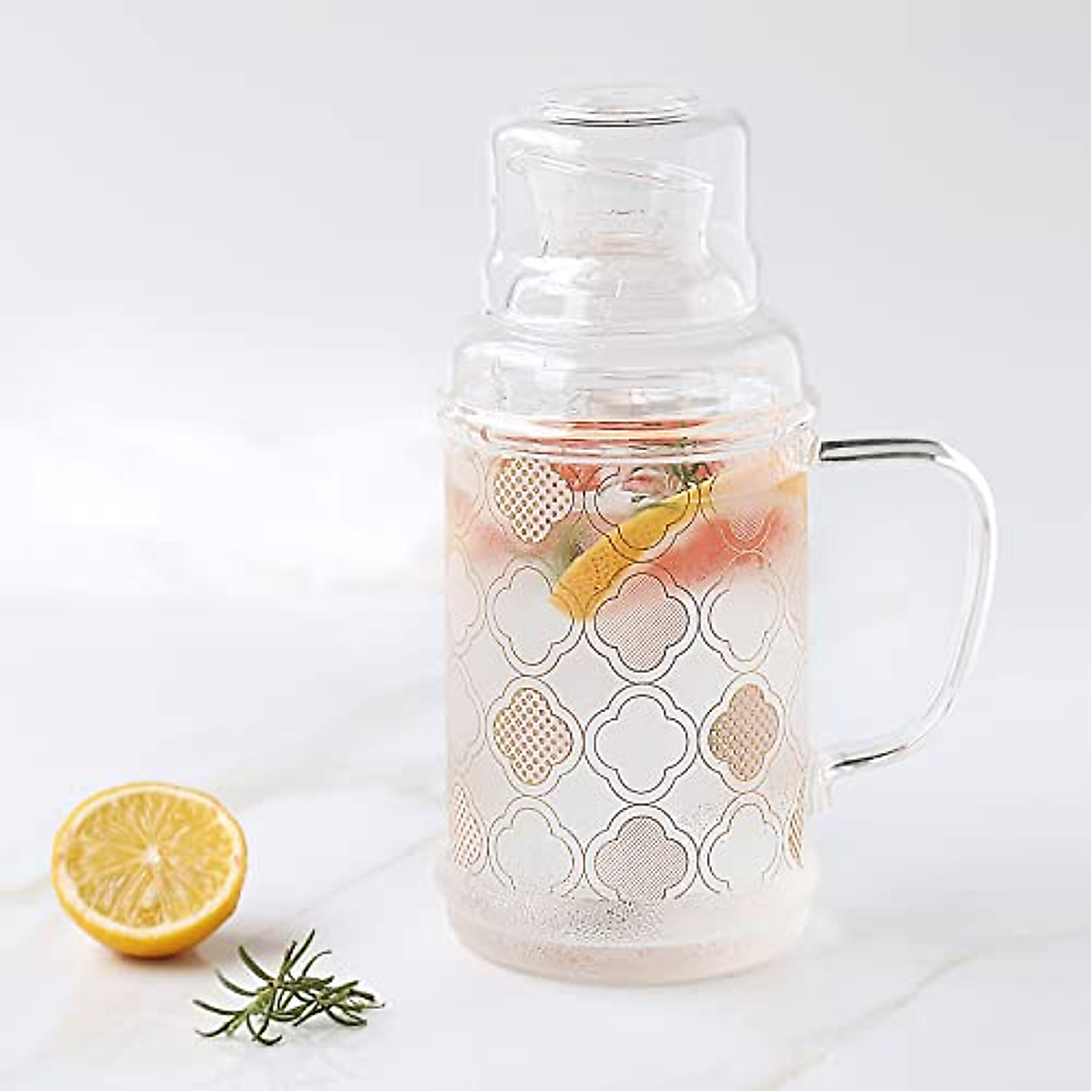 WONDER NEST Glass Pitcher with Lid - Bedside Water Carafe with Tumbler, Berverage Serveware Iced Tea Juice Milk Jug with Cup for Home Bedroom Nightstand (Coral Pattern)