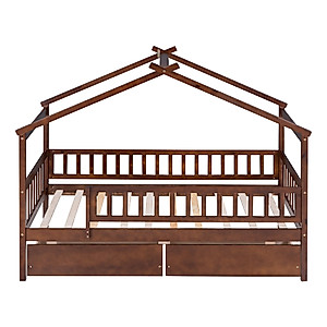 Harper & Bright Designs Twin Size House Bed for Kids, Wooden Twin Bed Frame with 2 Storage Drawers, Twin Montessori Bed with Roof & Rails Design for Girls Boys, Walnut