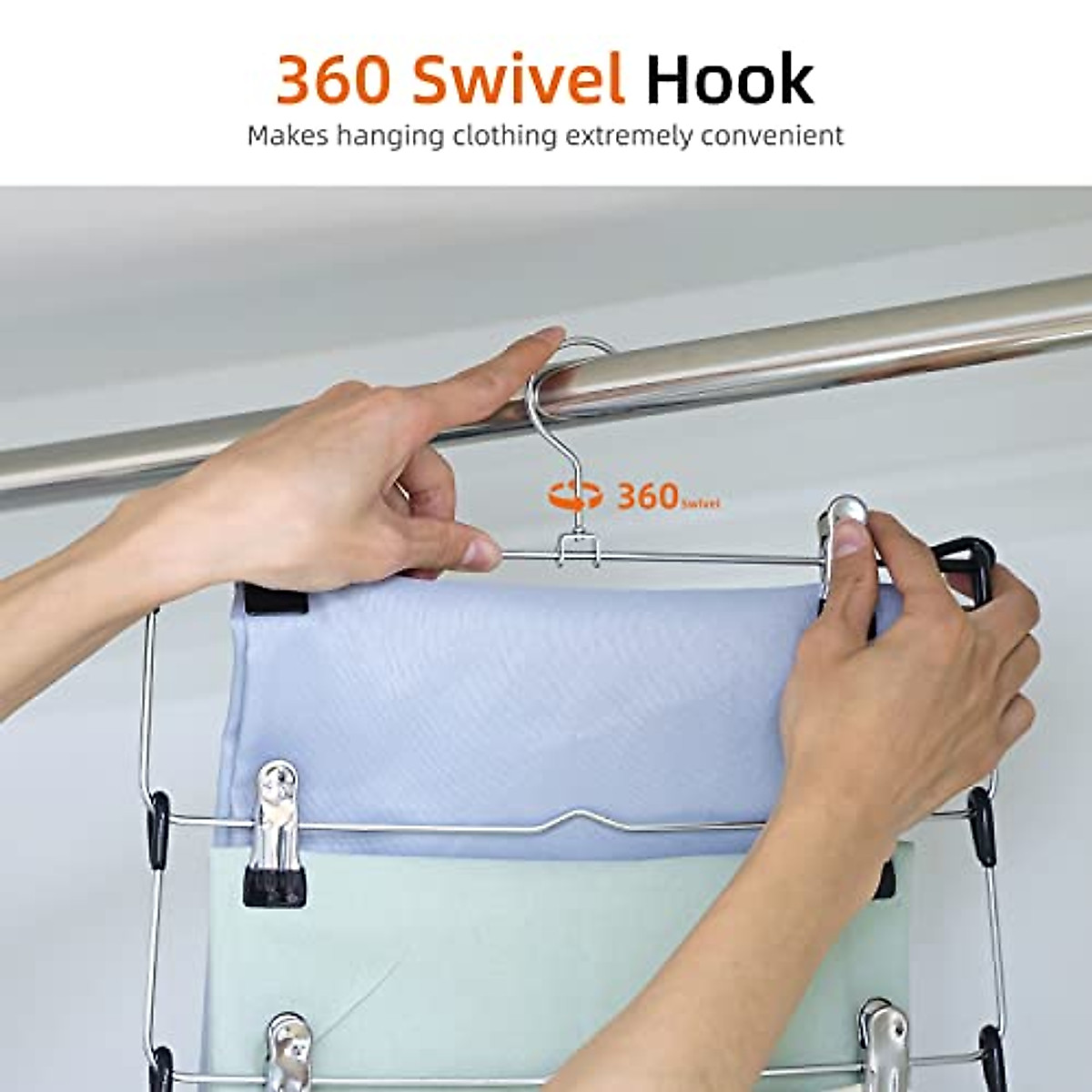 Fixwal Pants Hangers Space Saving, 4 Pack 5 Tier Anti-Rust Chrome Metal Skirt Hanger with Clips, 360 Swivel Hook, 5-on-1 Closet Storage Organizer for Clothes Leggings Trousers Skirts Ties Slacks Towel