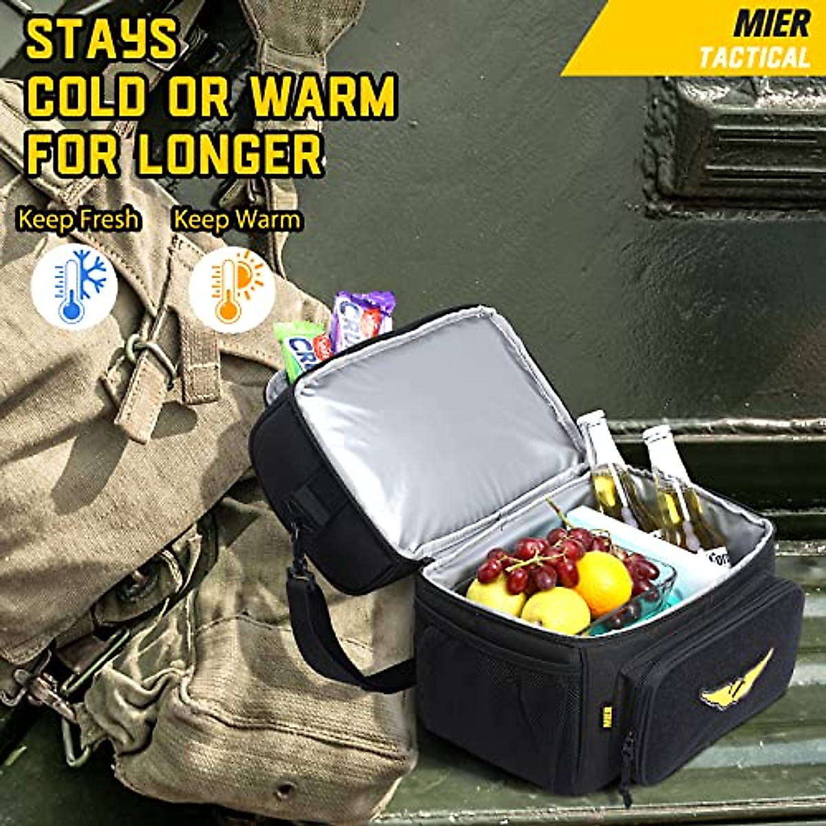 MIER Insulated Lunch Box for Men, Double Decker Lunch Bag Coolers Tactical Lunch Bags with MOLLE Webbing for Men Women Adults to Work, Picnic, Outdoors, Black