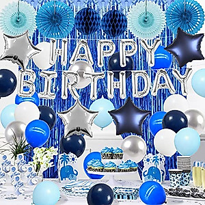 Blue Birthday Decorations Navy Blue Party Supplies Silver Happy Birthday Banner Blue Balloons Foil Fringe Curtain Bday Decor Men Women Boys Girls 13th Sweet 16 18th 21st 25th 30th 40th 50th 60th 70th