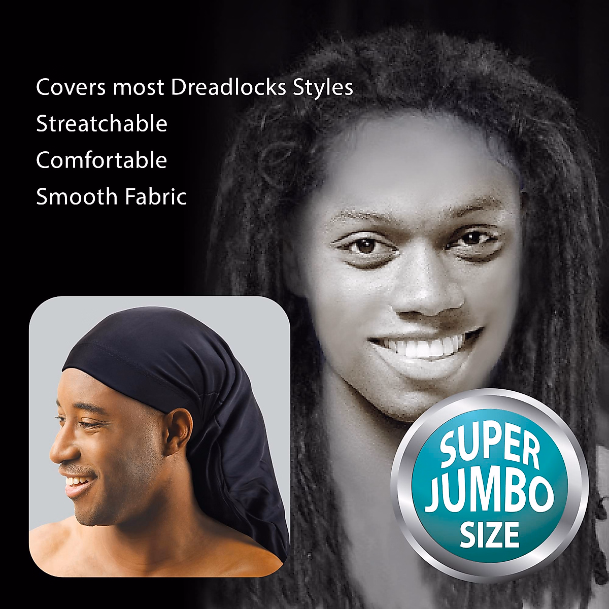 Titan Black Spandex Dreadlock Skull Cap 1PC, Super Jumbo Size