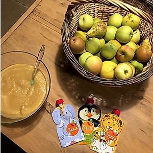 SQUIZ - 5 Swiss-Made Reusable Food Pouches 4,4 oz (130ml) - Refillable Squeeze Food Storage for Baby, Toddler and Kids - Washable and Freezer Safe Bags - BPA Free - Fun Designs