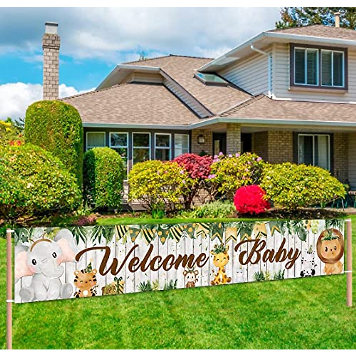 CHXSM 9.8 x 1.6 ft Welcome Baby Jungle Safari Yard Banner Shower Party Decoration Wild Animal Sign Backdrop Supplies