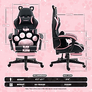 Vigosit Cute Gaming Chair with Cat Paw Lumbar Cushion and Cat Ears, Ergonomic Computer Chair with Footrest, Reclining PC Game Chair for Girl, Teen, Black Pink