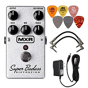 MXR M75 Super Badass Distortion Guitar Effects Pedal with Power Supply, 2 Patch Cables, and 6 Dunlop Picks