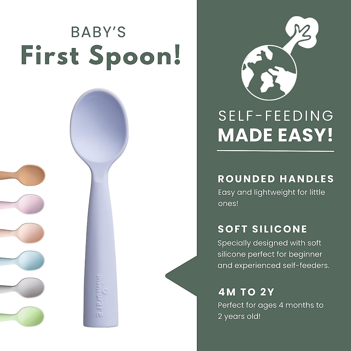 Miniware Silicone Baby Spoon for Training - BPA Free Baby Utensils - Baby Spoons Self Feeding 6 Months | 100% Food Grade Silicone - Modern & Dishwasher Safe Toddler Spoons (Grey and Lavender)