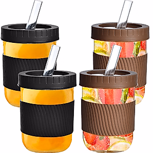 Cute Boba Cups with Lid and Straws, 4 Pack Glass Bubble Tea Cups with Canning Lids, Leakproof Drinking Jars for Large Pearl, 16oz