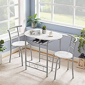 VECELO 3 Piece Small Round Dining Table Set for Kitchen Breakfast Nook, Wood Grain Tabletop with Wine Storage Rack, Save Space, 31.5", White & Silver