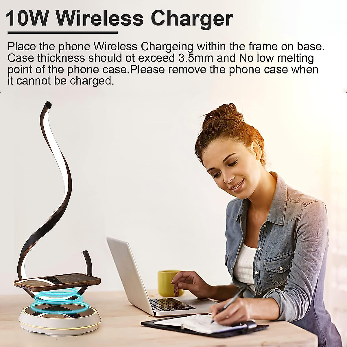 EIDEARAY Bedside Table LED Night Light with Wireless Charger and Bluetooth Speaker, Touch Control Stepless Dimmable Spiral Table Lamps for Bedroom,Great Birthday for Girlfriend, Women, Mom, Men