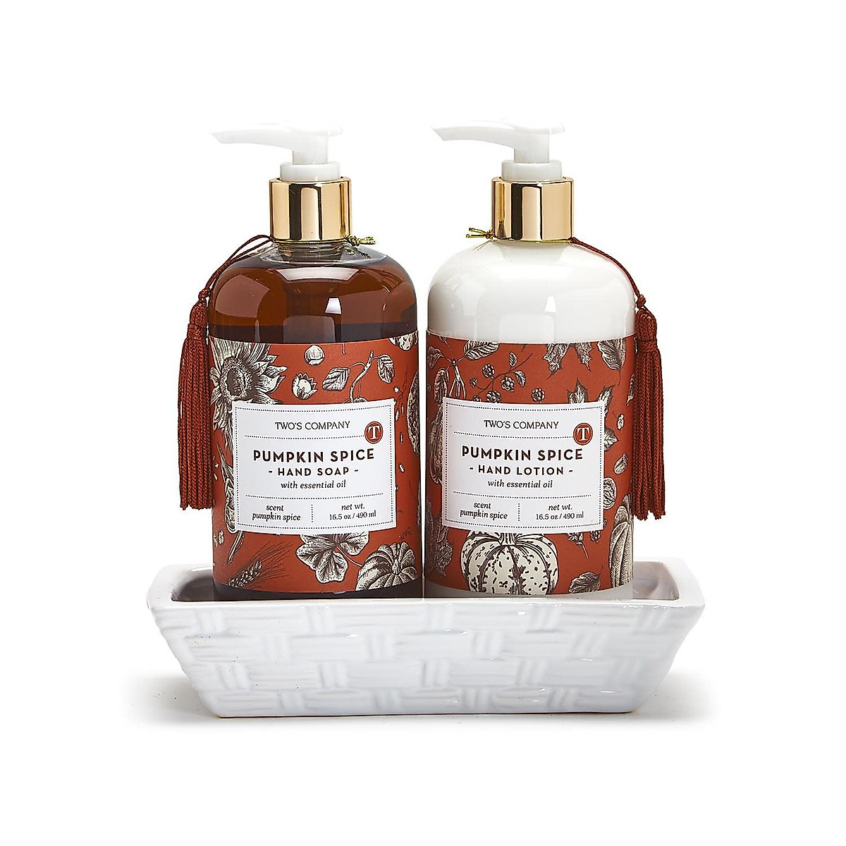 Two's Autumn Air Pumpkin Spice Scented Hand Soap & Lotion Set In Ceramic Tray