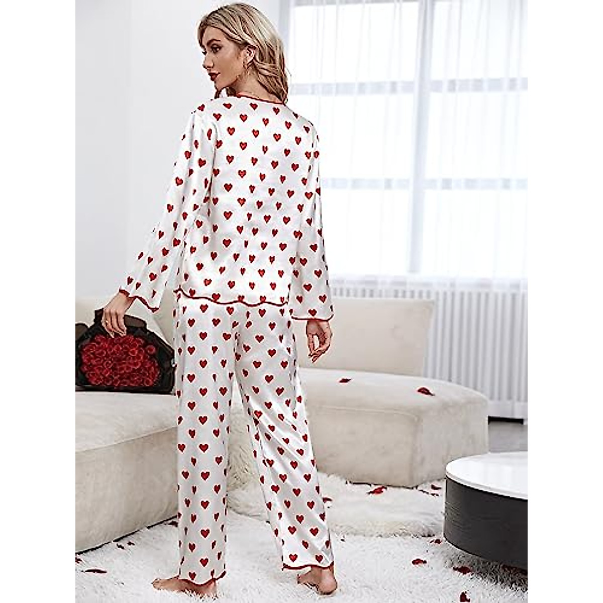 Verdusa Women's Satin Pajama Sets Sleepwear Heart Print Button Up Shirt and Pants White M