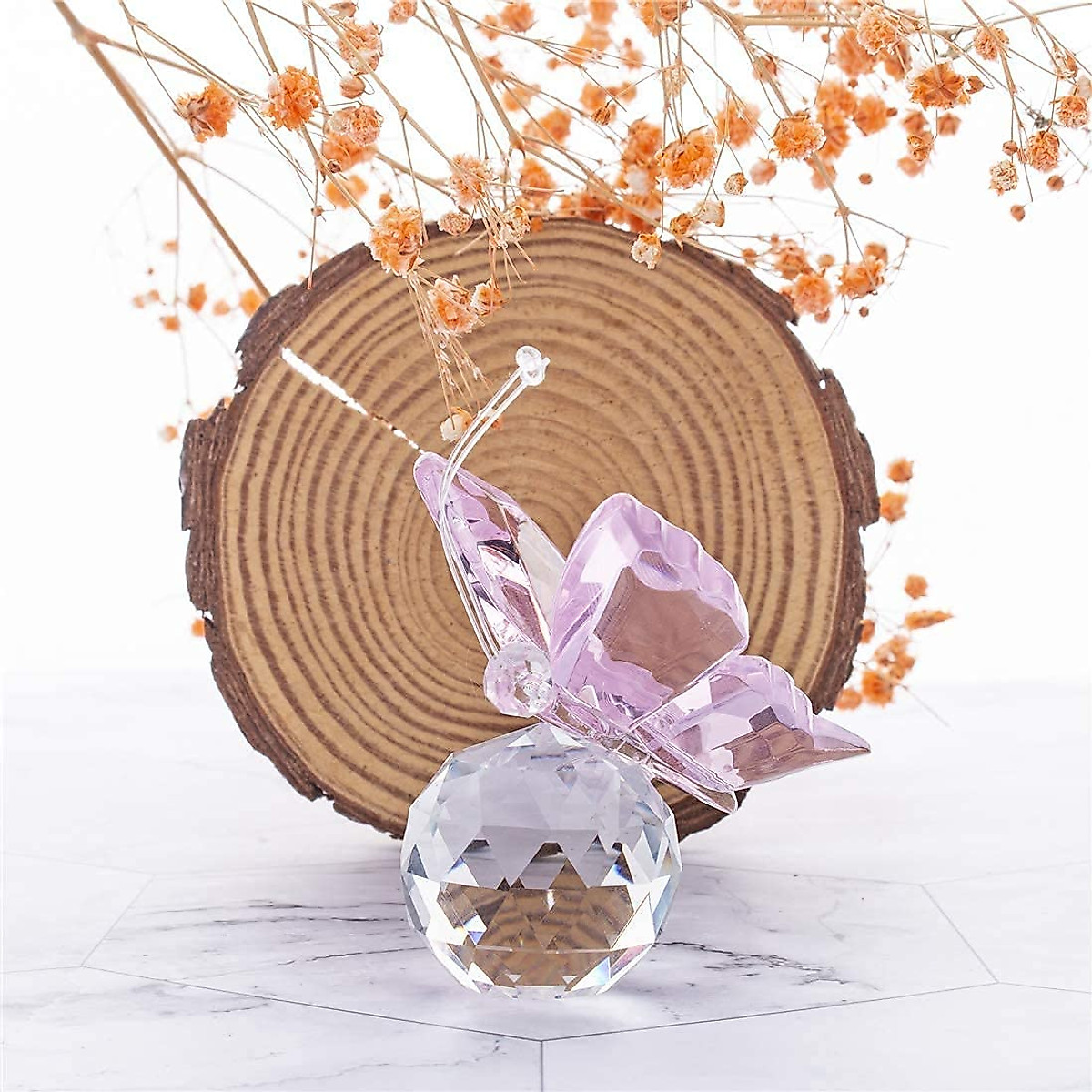 H&D HYALINE & DORA Pink Crystal Flying Butterfly with Crystal Ball Base Figurine Collection Cut Glass Ornament Statue Animal Collectible