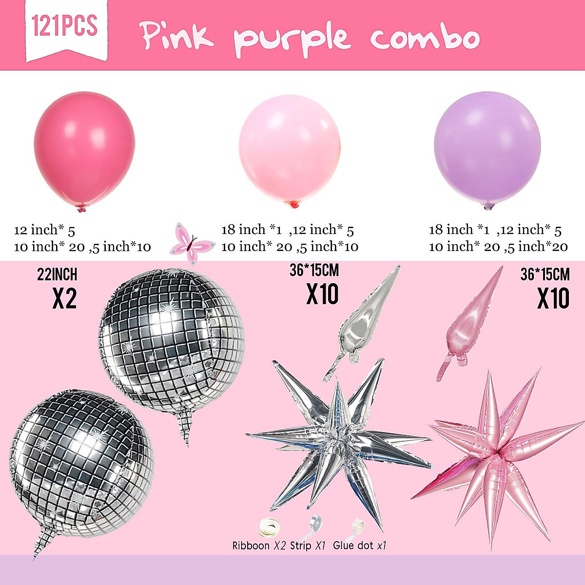 Pink and purple balloon arch Kit with Mylar star Disco Ball Balloon Garland for music fans theme teenage girl Birthday Party Prom Decorations (Pink purple silver)