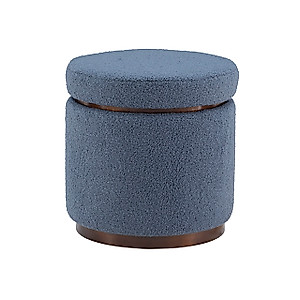 Linon Lexington Blue Sherpa Round Storage Ottoman with Wood Accent