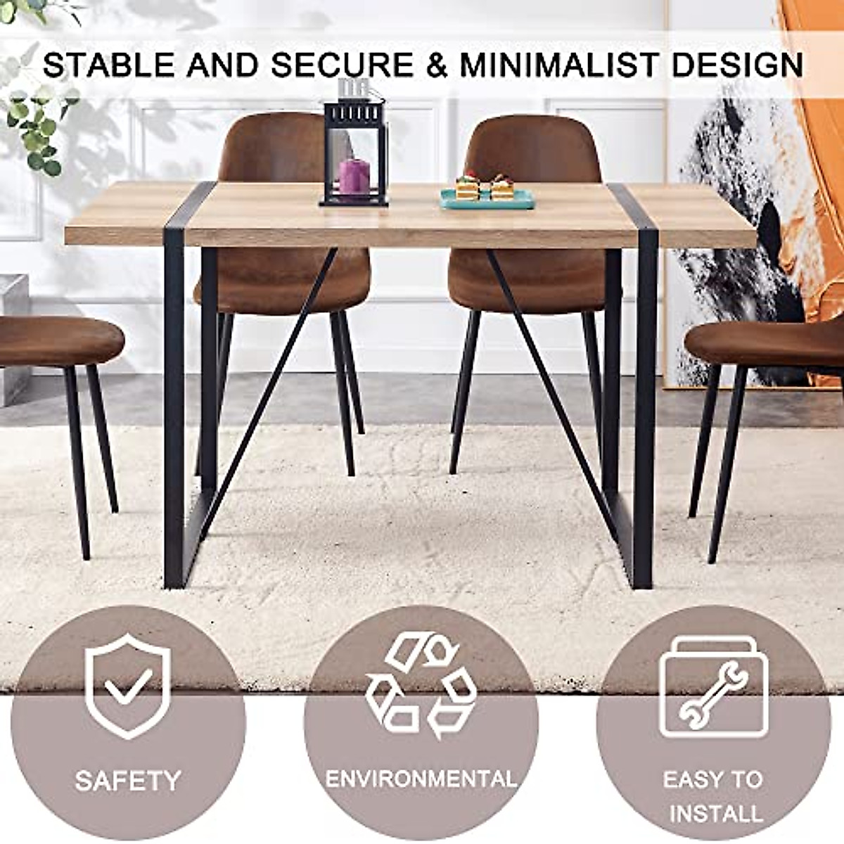 JUFU 5 Piece Kitchen Dining Table Set,Modern Rectangle Wood Dining Table,Fabric Dining Chairs 4,Ideal for Home,Kitchen Dining Room (Brown, Table+4 Chairs)