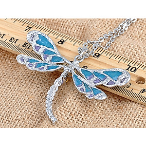 Alilang Womens Blue Purple Glitter Enamel Rhinestone Dragonfly Pendant Necklace Over Silvery Tone
