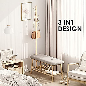 Bamworld Coat Rack Shoe Bench for Entryway, Hall Tree Bench with Storage, Bamboo 3-in-1 Design