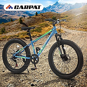 dingdongbro 24 Inch Fat Tire Bike with Full 7-Speed System, Mountain Bike Offers Dual Disc Brake and Durable High-Carbon Steel Frame, Front Suspension, for Urban Commutes and Mountain Trails