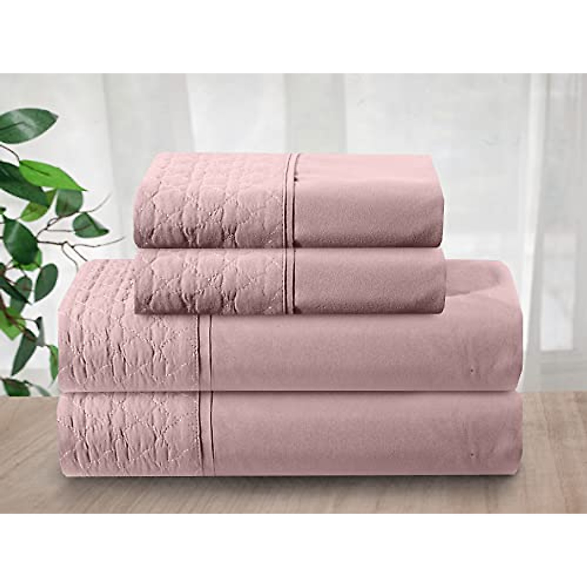 Elegant Comfort Luxury Soft Coziest 4-Piece Bed Sheet Set 1500 Thread Count Egyptian Quality Wrinkle Resistant Beautiful Quilted Design on Flat Sheet and Pillowcases, Queen, Dusty Rose