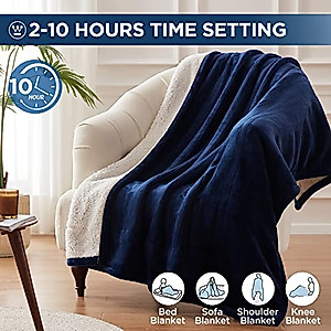 Westinghouse Electric Blanket Throw Heated Blanket with 6 Heating Levels and 2-10 Hours Time Settings, Flannel to Sherpa Super Cozy Heated Blanket Machine Washable, 50x60 inch, Navy