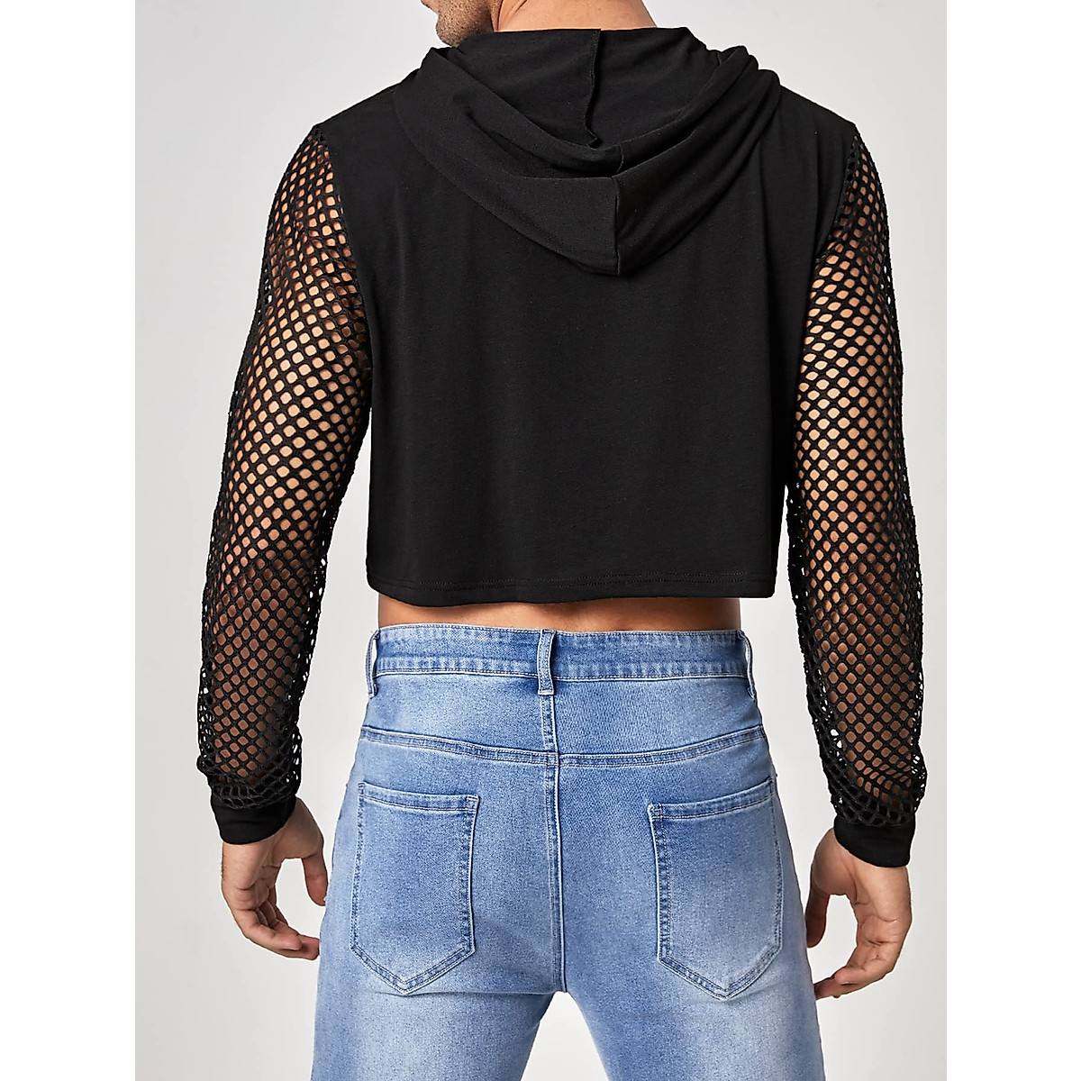 WDIRARA Men's Fishnet Mesh Long Sleeve Drawstring Crop Hoodie Sweatshirt Pullover Black M