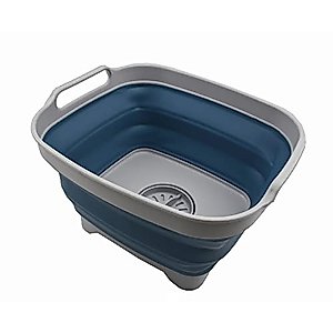SAMMART 7.5L (2 Gallons) Collapsible Dishpan with Draining Plug - Foldable Washing Basin - Portable Dish Washing Tub - Space Saving Kitchen Storage Tray (Grey/Steel Blue, 1)