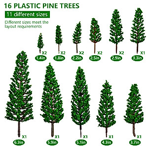 16pcs Model Pine Trees, Railroad Green Scenery Cedar Tree, Mixed Size Mini Landscape Tree(1.4-6.3in), for Woodland Scenics, Architecture, Fairy Garden Decor