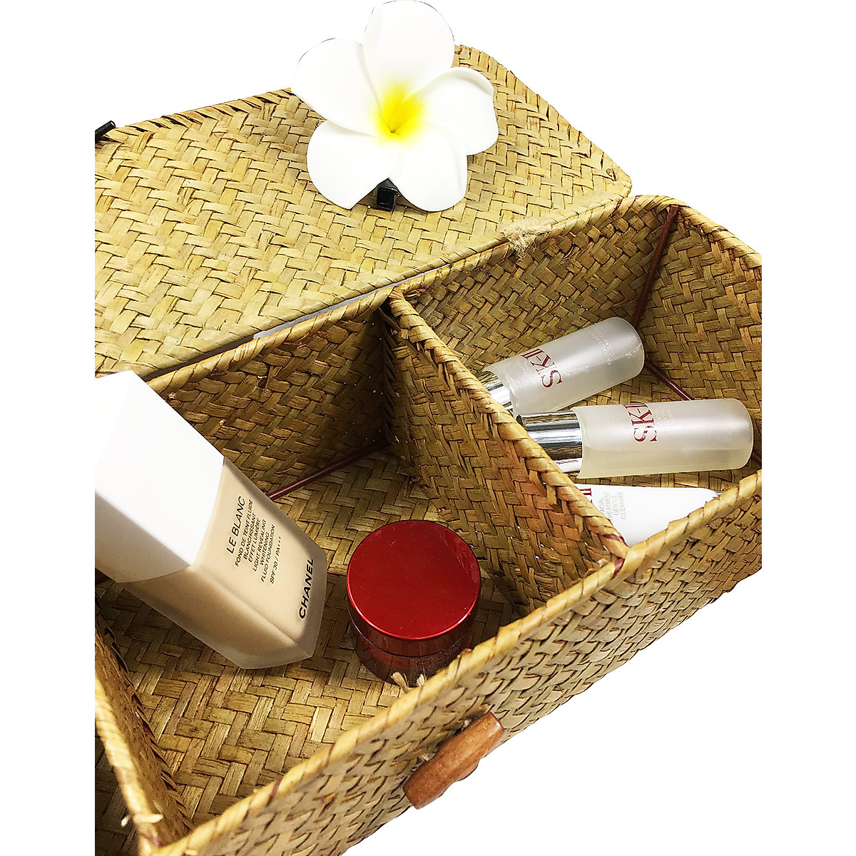 LA NINA 3-Section Rectangular Storage Basket with Lid, Tropical Style, Brown, Water Hyacinth