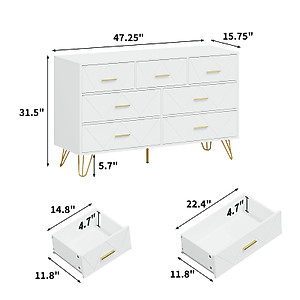 CARPETNAL White Dresser for Bedroom, 7 Drawer Dresser with Wide Drawers and Metal Handles, Wood Dressers & Chests of Drawers for Hallway, entryway.