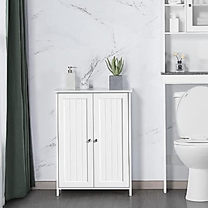 Topeakmart Bathroom Floor Cabinet Double Doors Free-Standing Storage Cabinet with Adjustable Shelves, Anti-toppling Design, White
