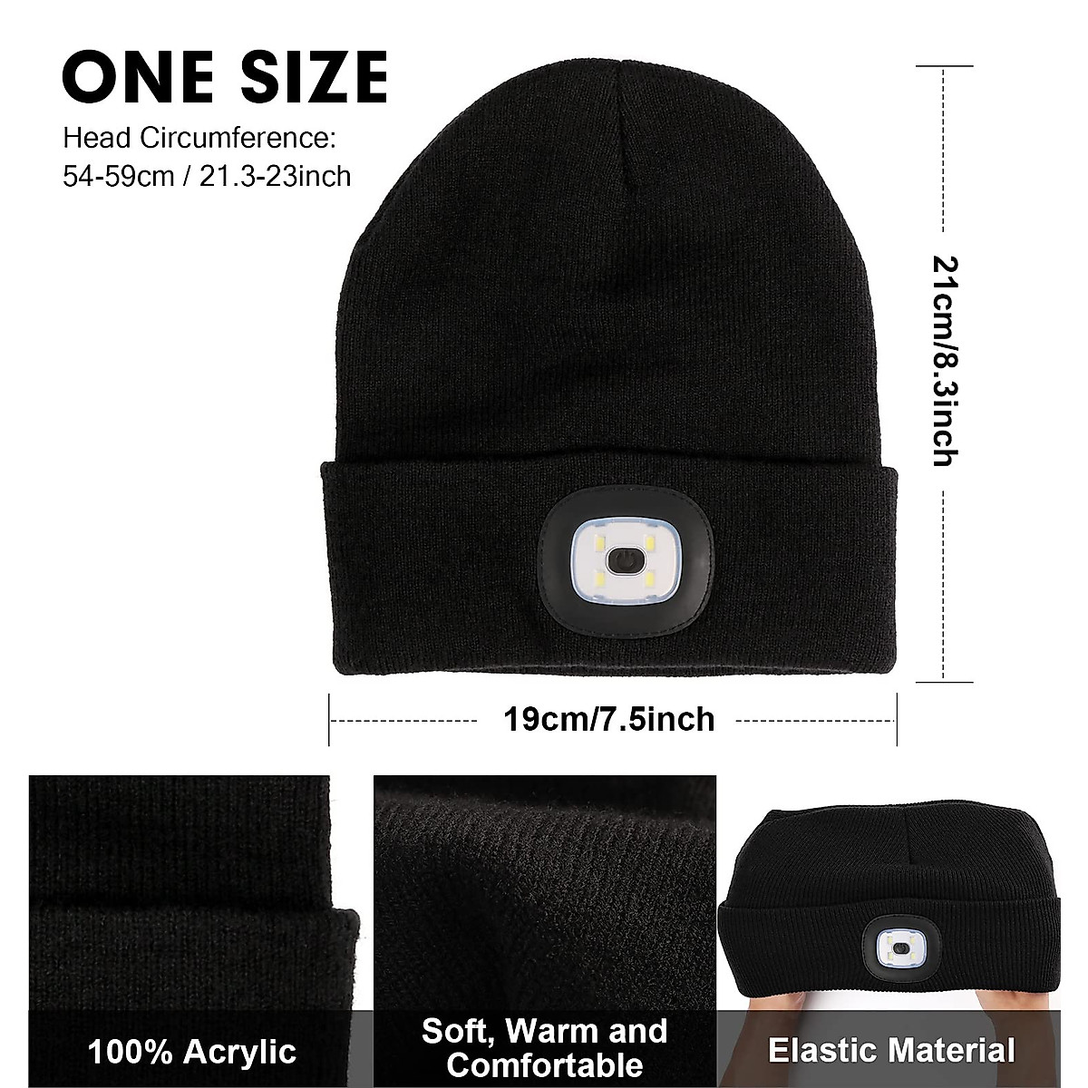 Unisex Beanie with Light, USB Rechargeable LED Headlamp Beanie, Gifts for Dad Father Men Husband Warm Knitted Cap Black