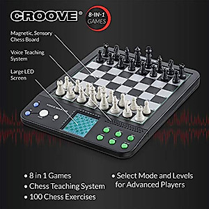 Croove Electronic Chess and Checkers Set with 8-in-1 Board Games, for Kids to Learn and Play