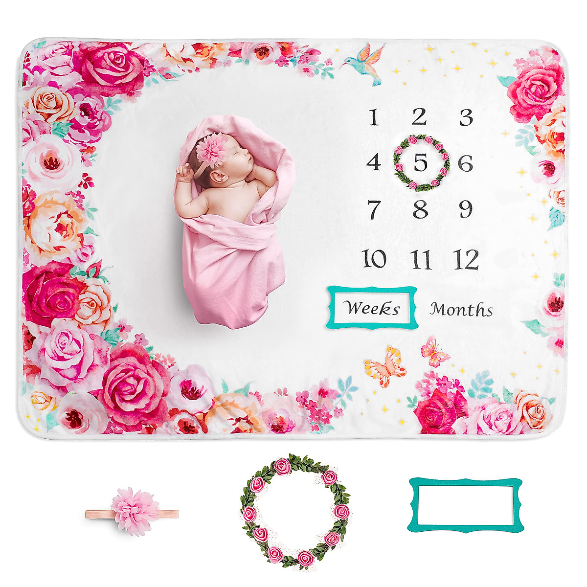 by ALEENTA Month Blanket for Baby Girl, Baby Milestone Blanket Girl with Flowers and Butterflies, Pink Baby