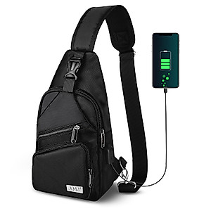 AMJ Sling Bag Shoulder Backpack Chest Bags Crossbody Daypack for Women & Men with USB Cable for Hiking Camping Outdoor Sport Cycling Trip Black