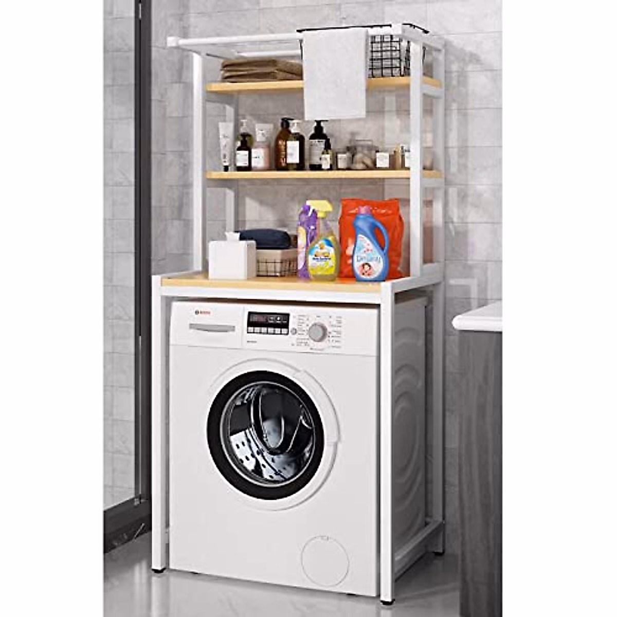 KEAVY Above Washing Machine Shelf, Shelves Above Toilet with Hanging Rod, Over The Washer and Dryer Storage Shelf, Bathroom Space Saving Organizer Rack