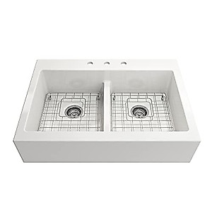 BOCCHI Nuova Apron Front Drop-In Fireclay 34 in. 50/50 Double Bowl Kitchen Sink with Protective Bottom Grids and Strainers in White