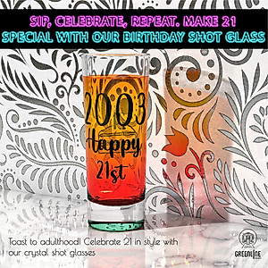 Greenline Goods 21st Birthday Shot Glasses - 2oz Clear Shot Glasses - 2003 Party Supplies for 21 Year Old - Birthday Glasses for Men and Women