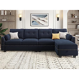 HONBAY Velvet Sectional Sofa L Shaped Couch Reversible Sectional Couch Sofa for Small Space,Dark Blue