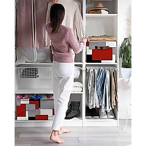 Abstract Storage Basket Large Foldable Storage Bins with Handles Geometric Mid Century Red Nordic Waterproof Fabric Laundry Baskets for Organizing Shelves Closet Toy Gifts Bedroom Home Decor