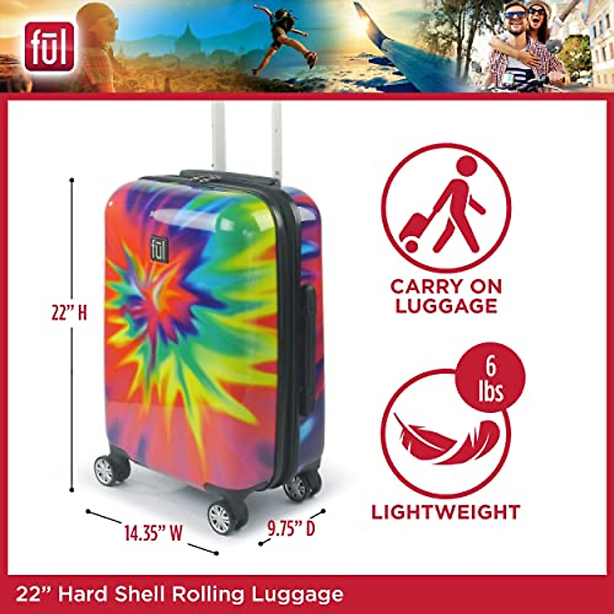FUL Tie-Dye Swirl Carry-On Rolling Suitcase, Hardside Travel Luggage with Spinner Wheels, 22 Inches, Rainbow