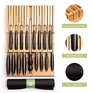 Drawer Knife Organizer - Bamboo Knife Block Insert - Holds 16 Knives + 1 Knife Sharpener (Knives Not Included) - Reliably Store, Secure & Organize Your Kitchen Knives In Cabinet - Free Up Counterspace