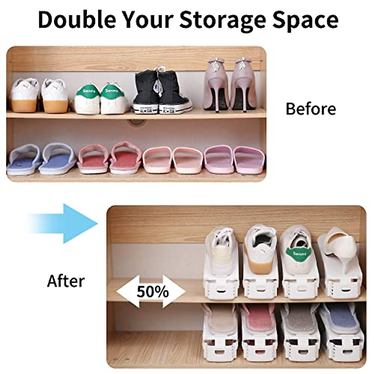 Antigo Shoe Slots Organizer，20 Pcs Adjustable Shoe Stacker for Closet Organization, Double Deck Shoe Rack Holder Storage Space Saver (White)