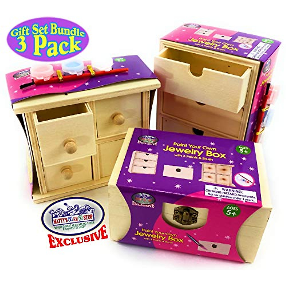 Matty's Toy Stop Design & Paint Your Own Wooden Jewelry Box Set with Mirror Jewelry Box, 3 Drawer Dresser, 4 Drawer Dresser, 3 Brushes & 9 Paints (3 Pink, 3 Blue & 3 White) Gift Set Bundle - 3 Pack